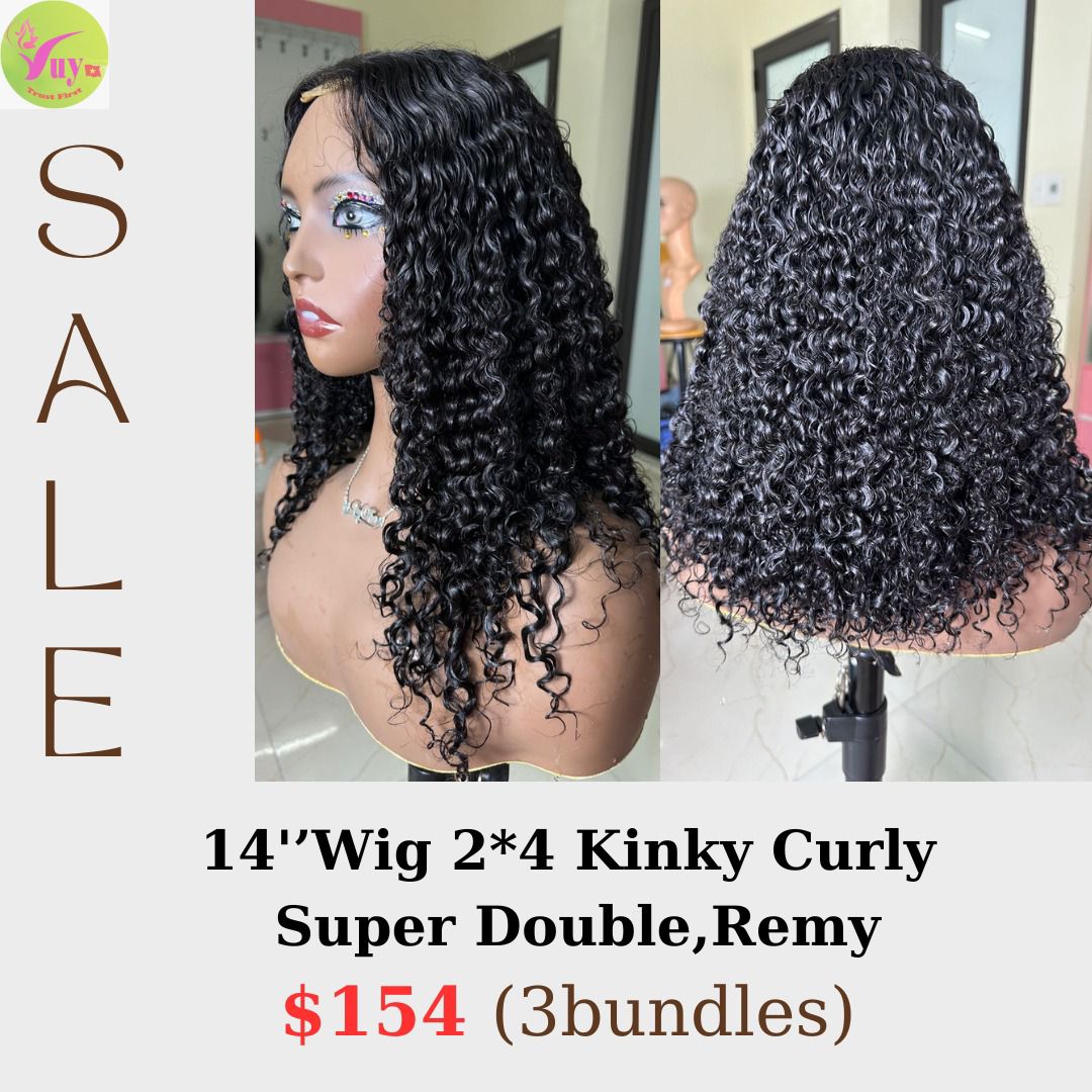 14" 2x4 closure lace wig Kinky curly Super double remy hair (from 3 bu ...