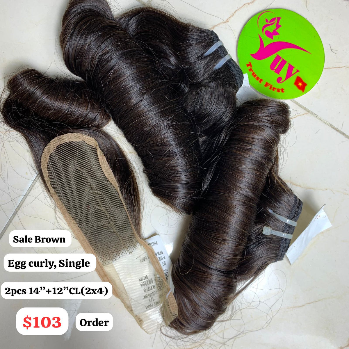 2pcs 14" and 12" 2x4 closure Egg curly single drawn brown color hair ...