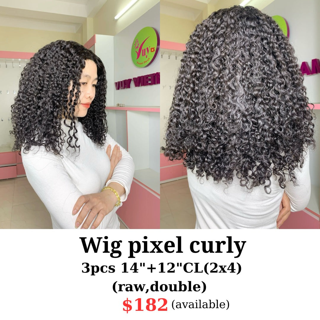 14" 2x4 closure wig Pixel curly (made from 3pcs 14" and 12" 2x4 closur ...